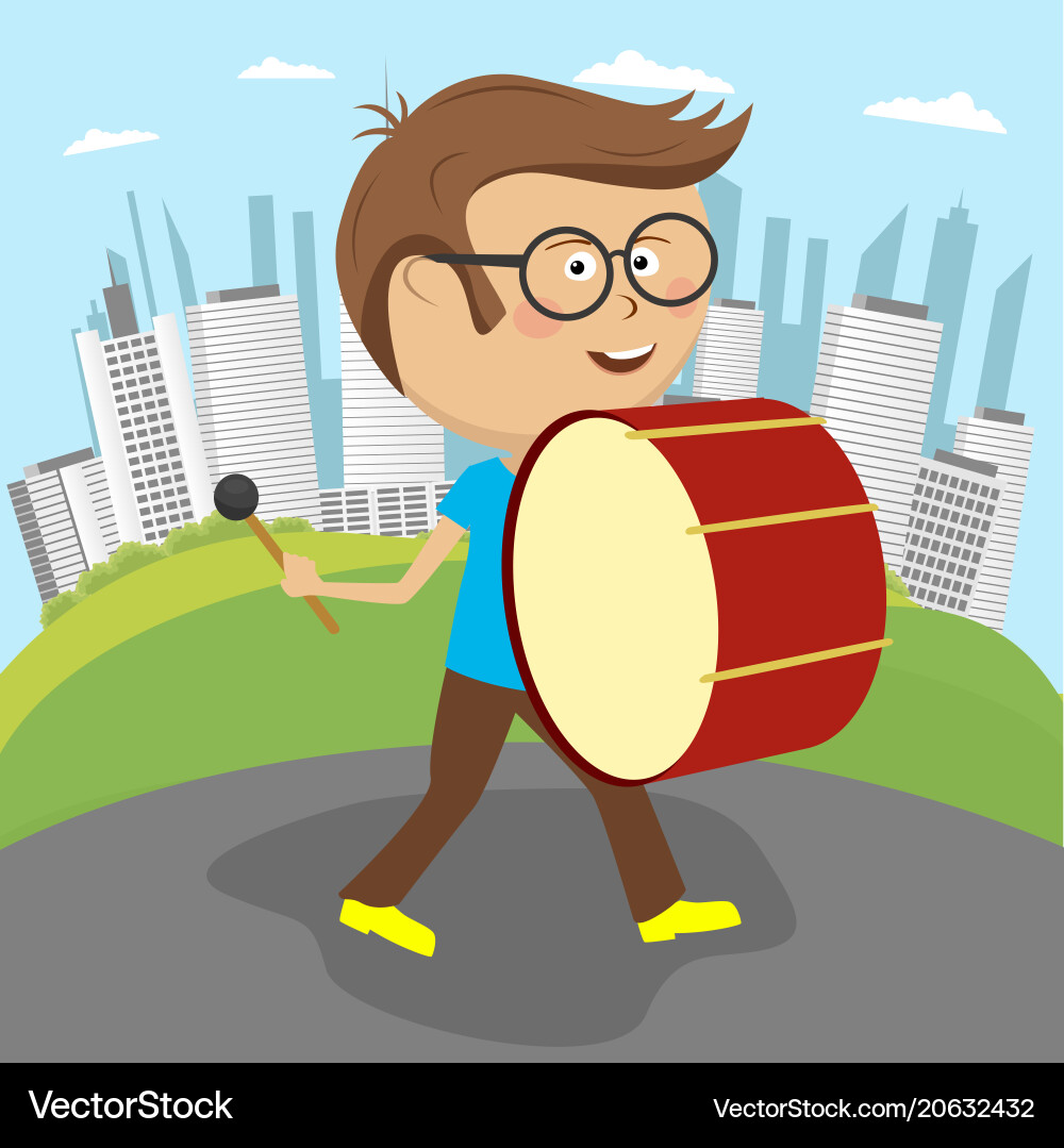 Boy playing drum marching along the street Vector Image