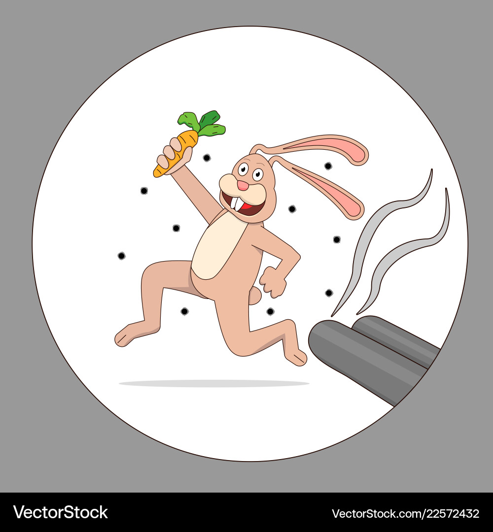 Cartoon hare runs away from the hunter Royalty Free Vector
