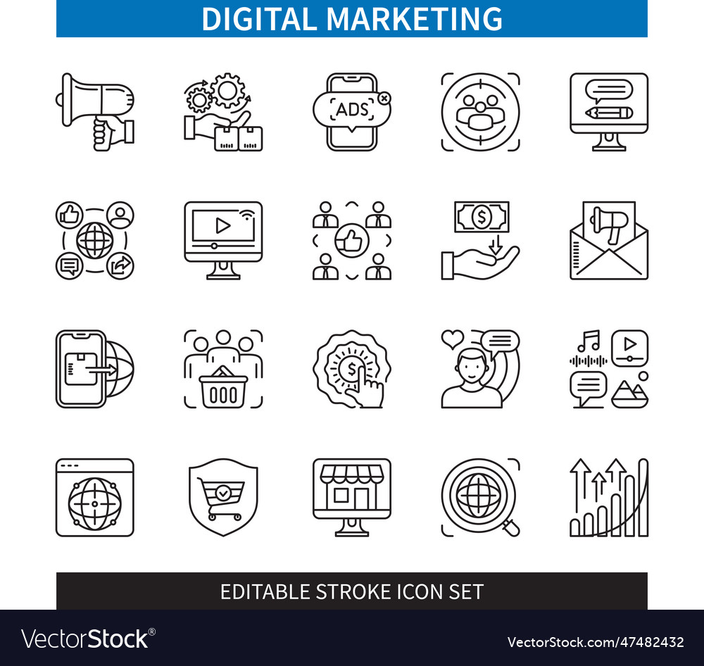 Digital marketing editable stroke icon set Vector Image