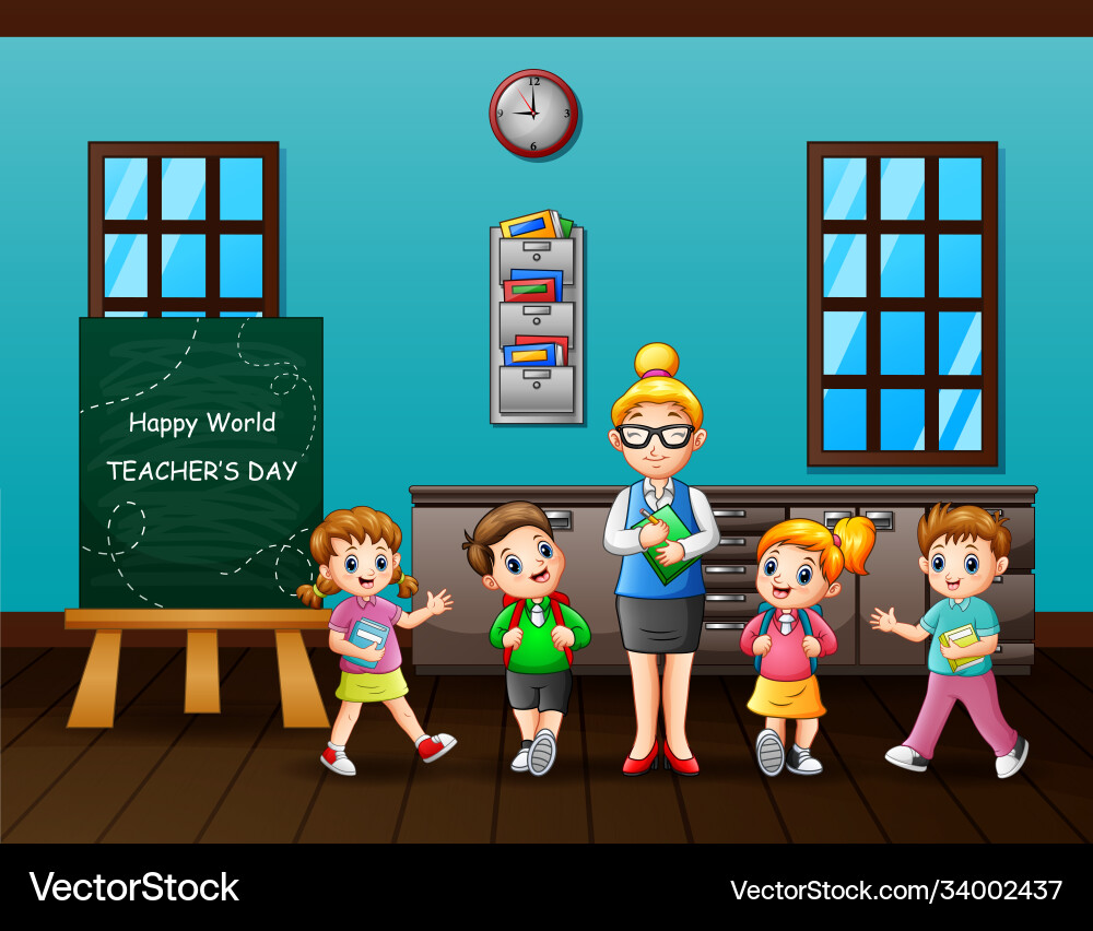 Happy teachers day text on chalkboard with teache Vector Image