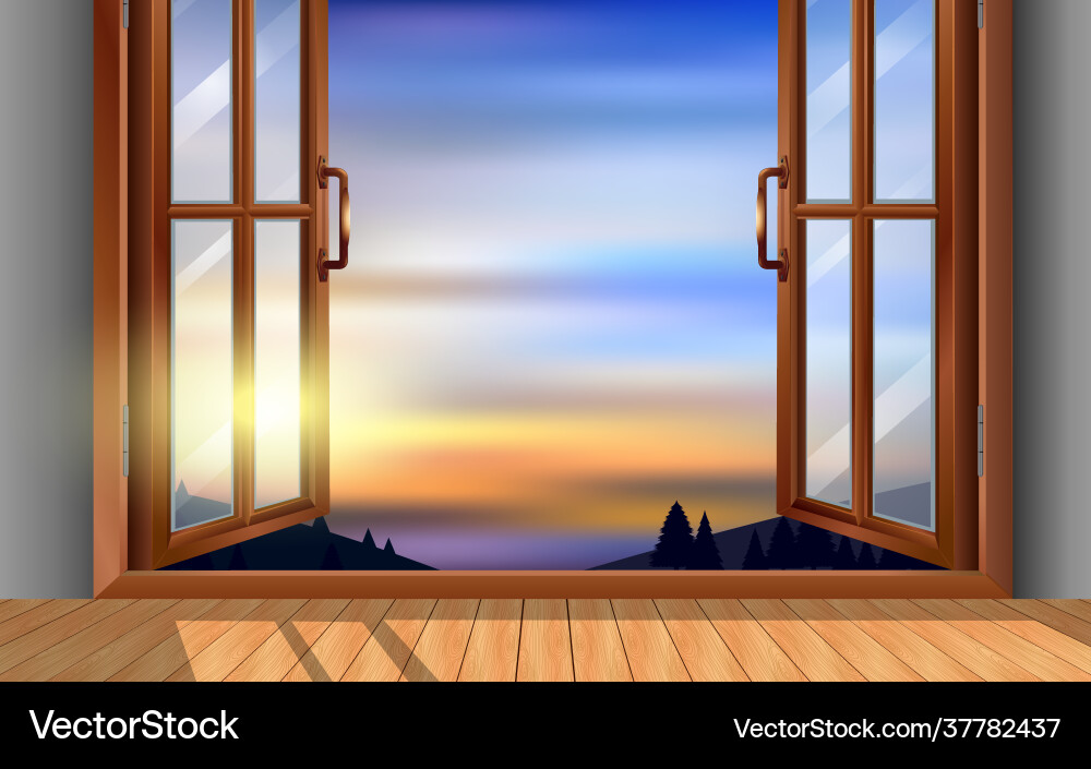 Wooden table at windows in house Royalty Free Vector Image