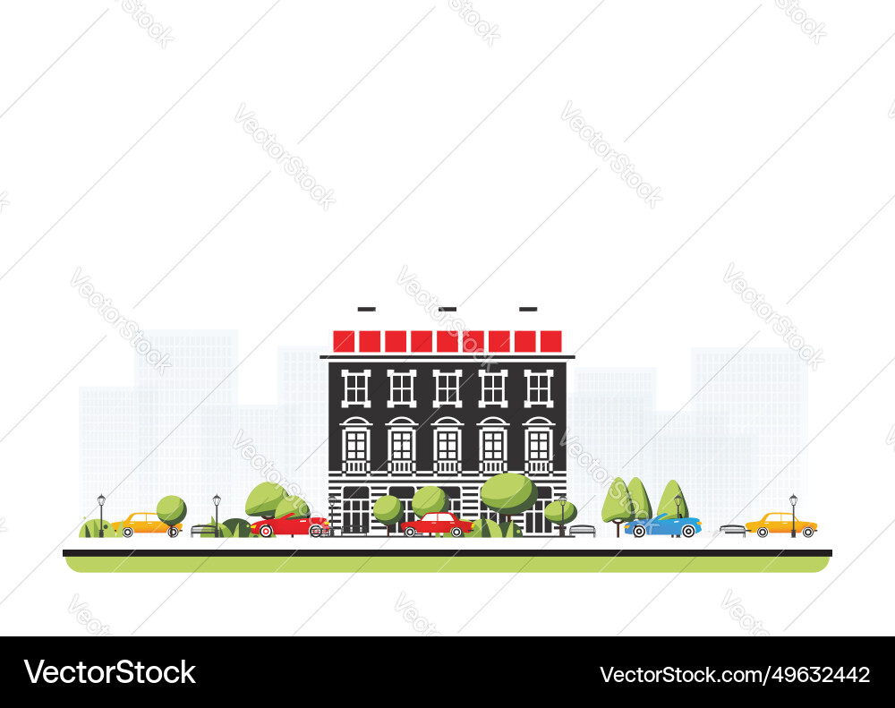 City district with old black building in flat Vector Image