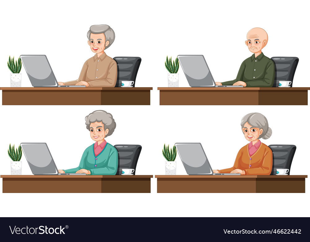 Senior people using laptop set Royalty Free Vector Image Senior people using laptop set Royalty Free Vector Image