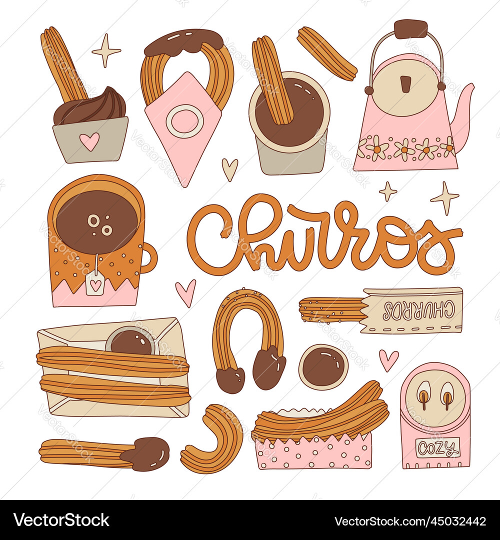 Set of churros different ways cooking Royalty Free Vector
