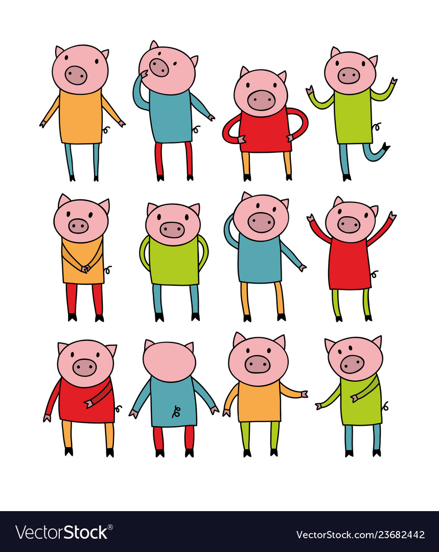 Set of cute doodle pigs art Royalty Free Vector Image
