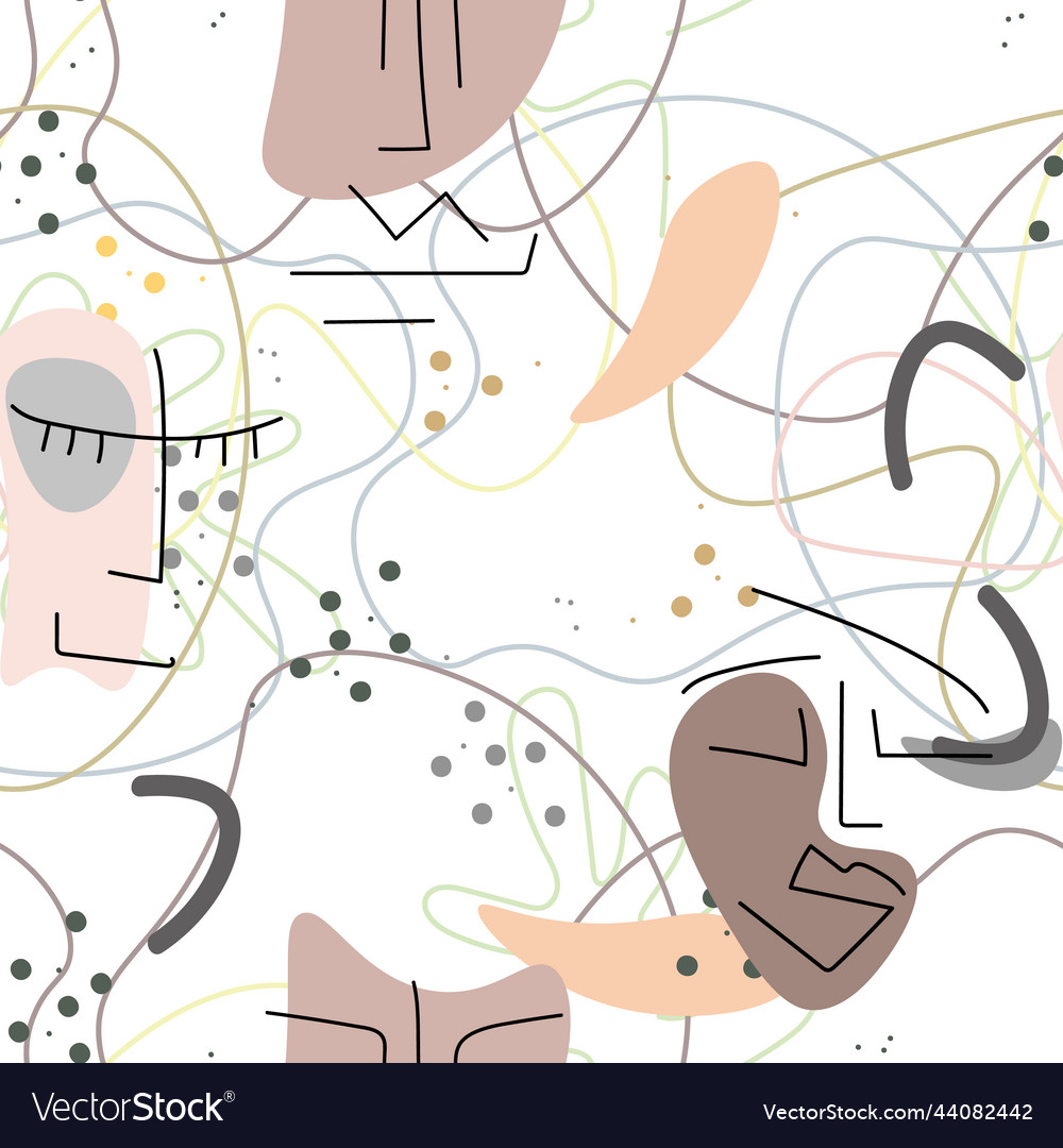 Woman Face Line Abstract Drawing Seamless Pattern Vector Image