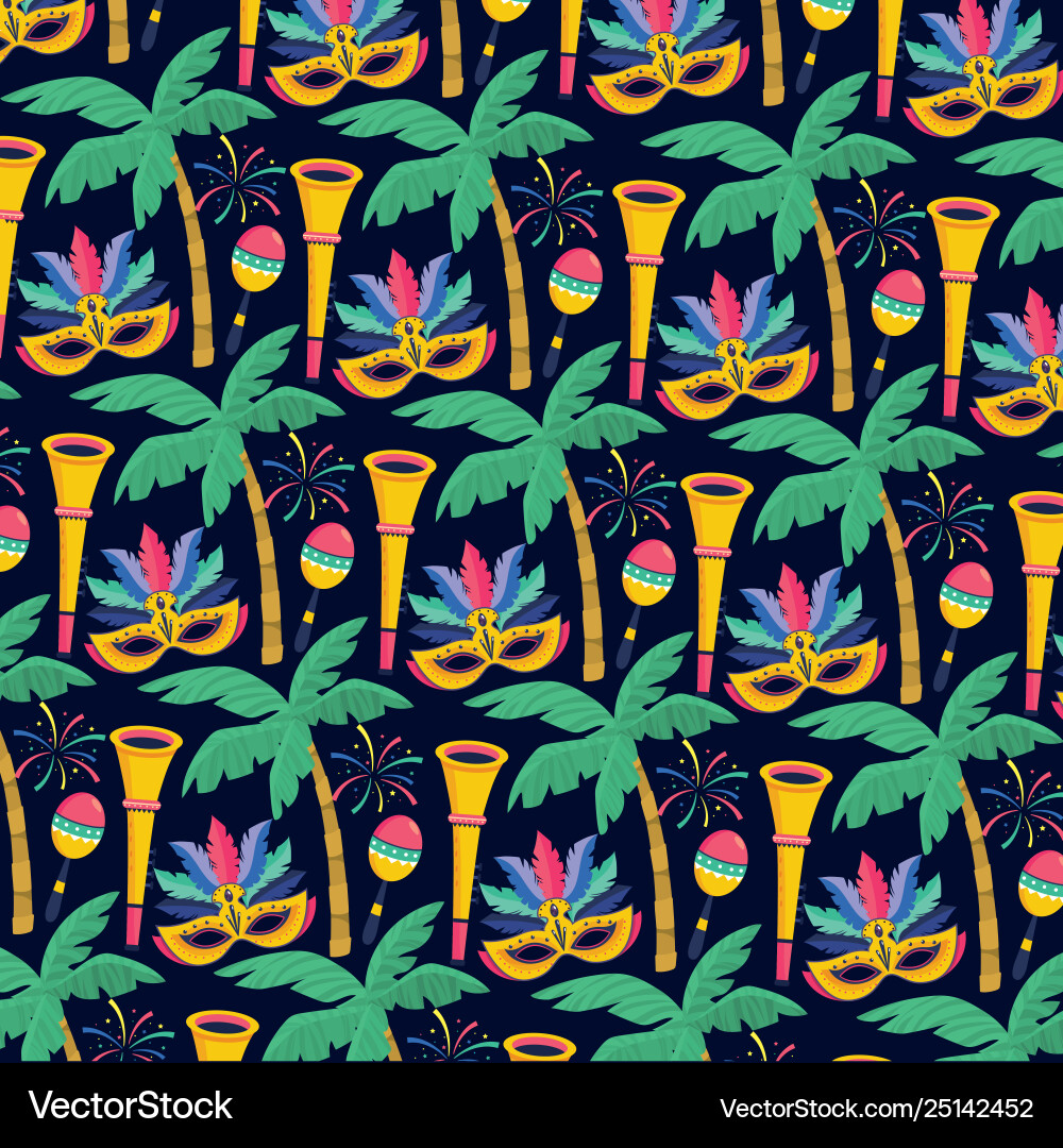 Palm with trumpets and mask feathers Royalty Free Vector