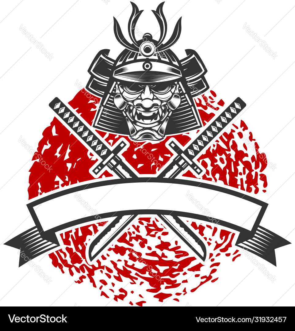 Emblem with samurai helmet and crossed katana Vector Image