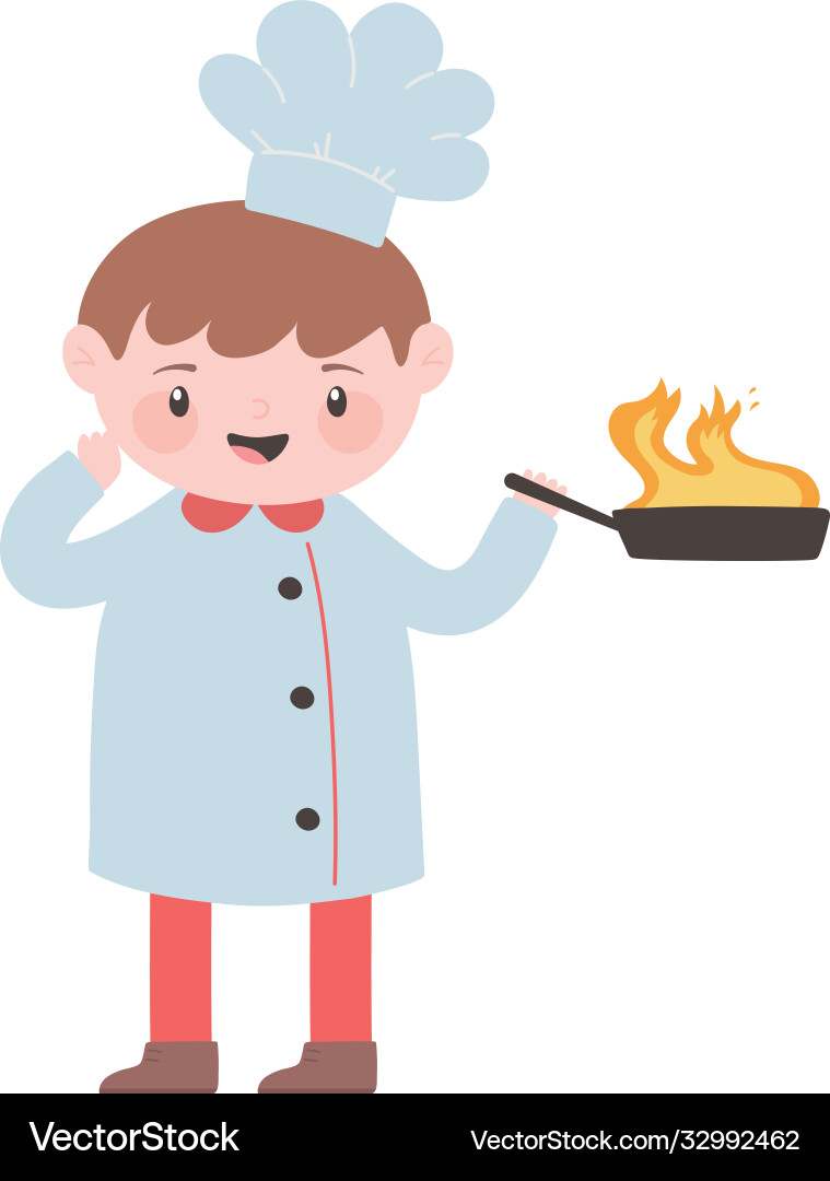 Chef boy with saucepan flame cartoon character Vector Image