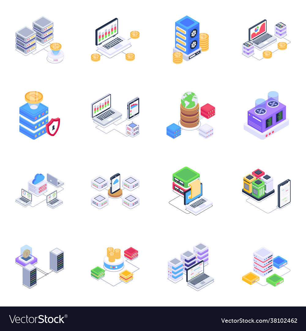 Isometric icons servers and databases Royalty Free Vector
