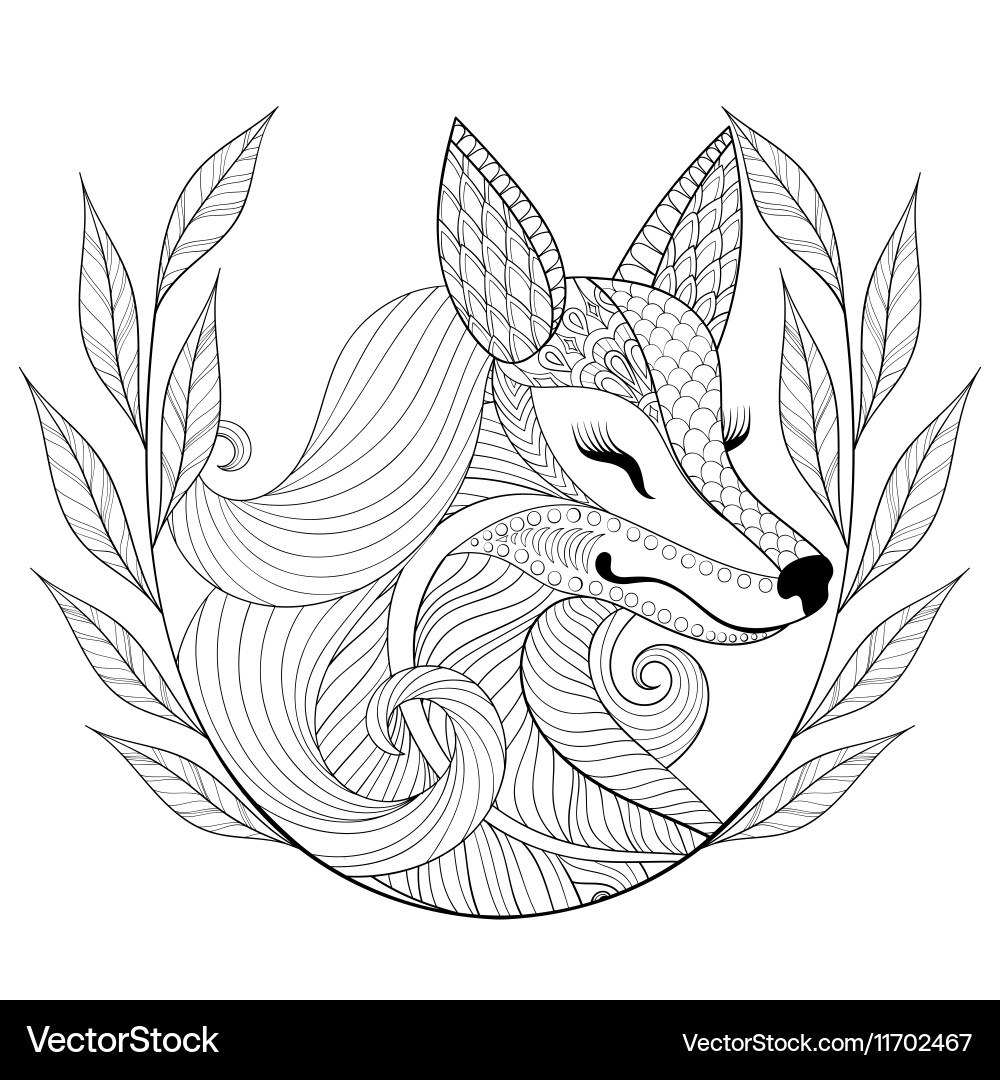 Zentangle Fox face in monochrome doodle style Hand