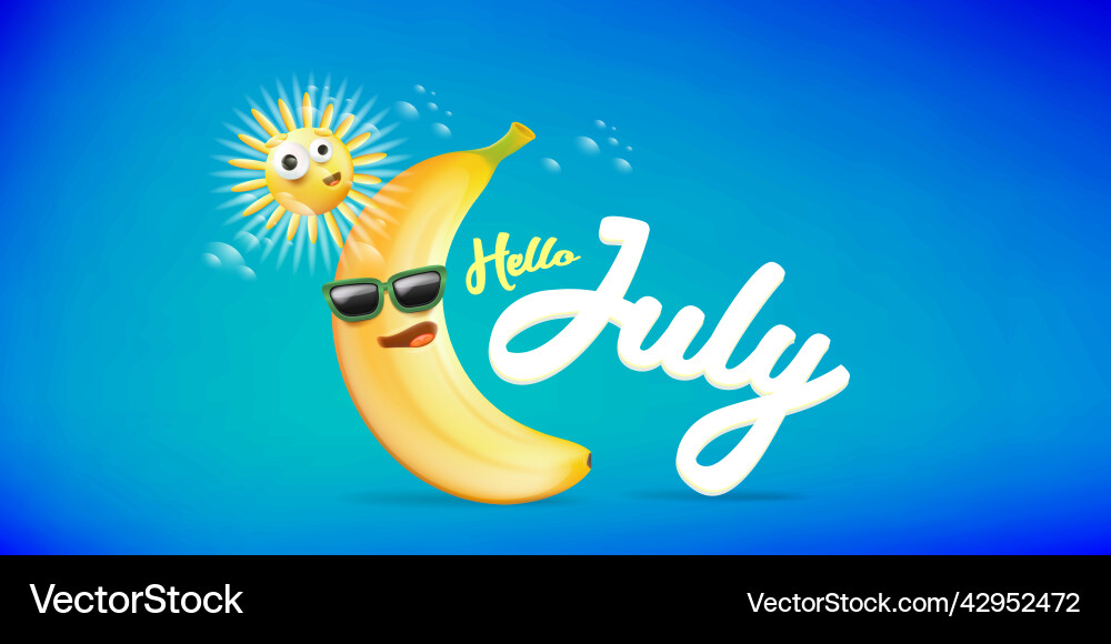Hello july horizontal banner with cartoon sun Vector Image