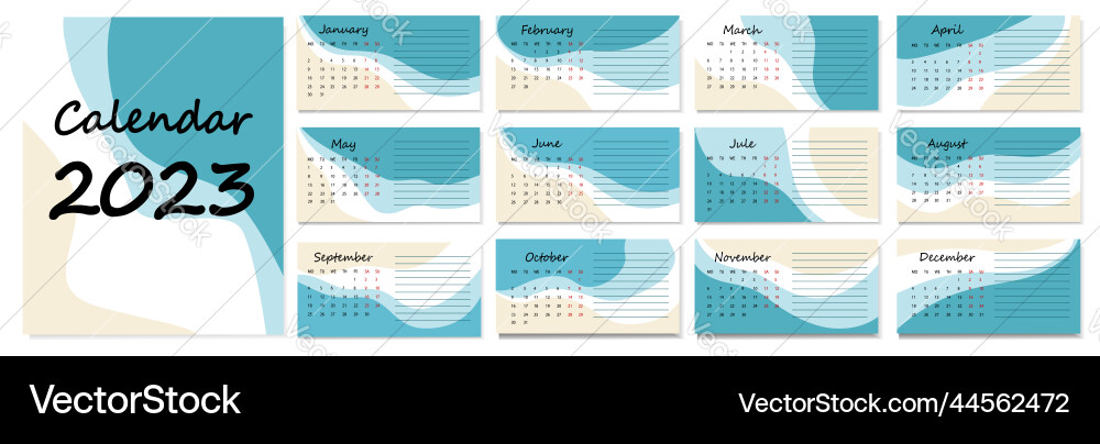 Horizontal calendar template for 2023 Royalty Free Vector