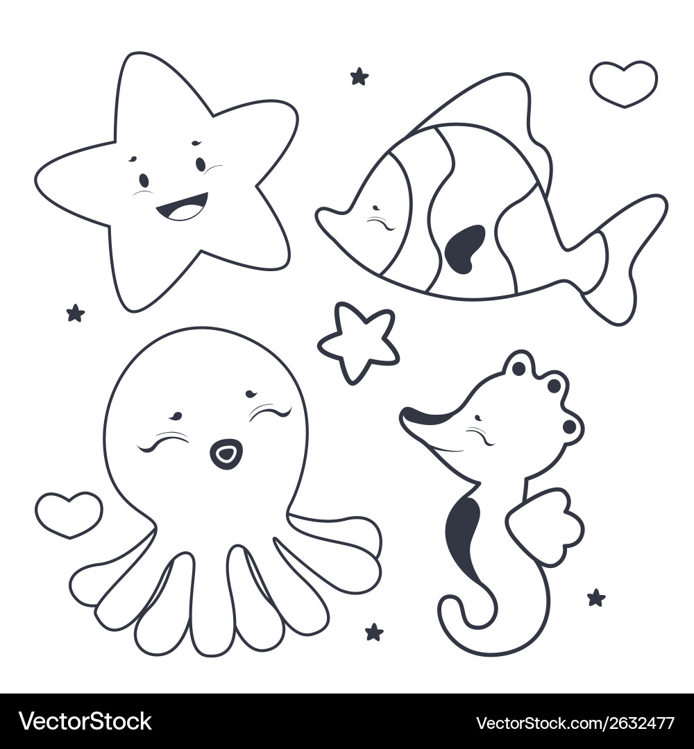Cute sea characters coloring book Royalty Free Vector Image