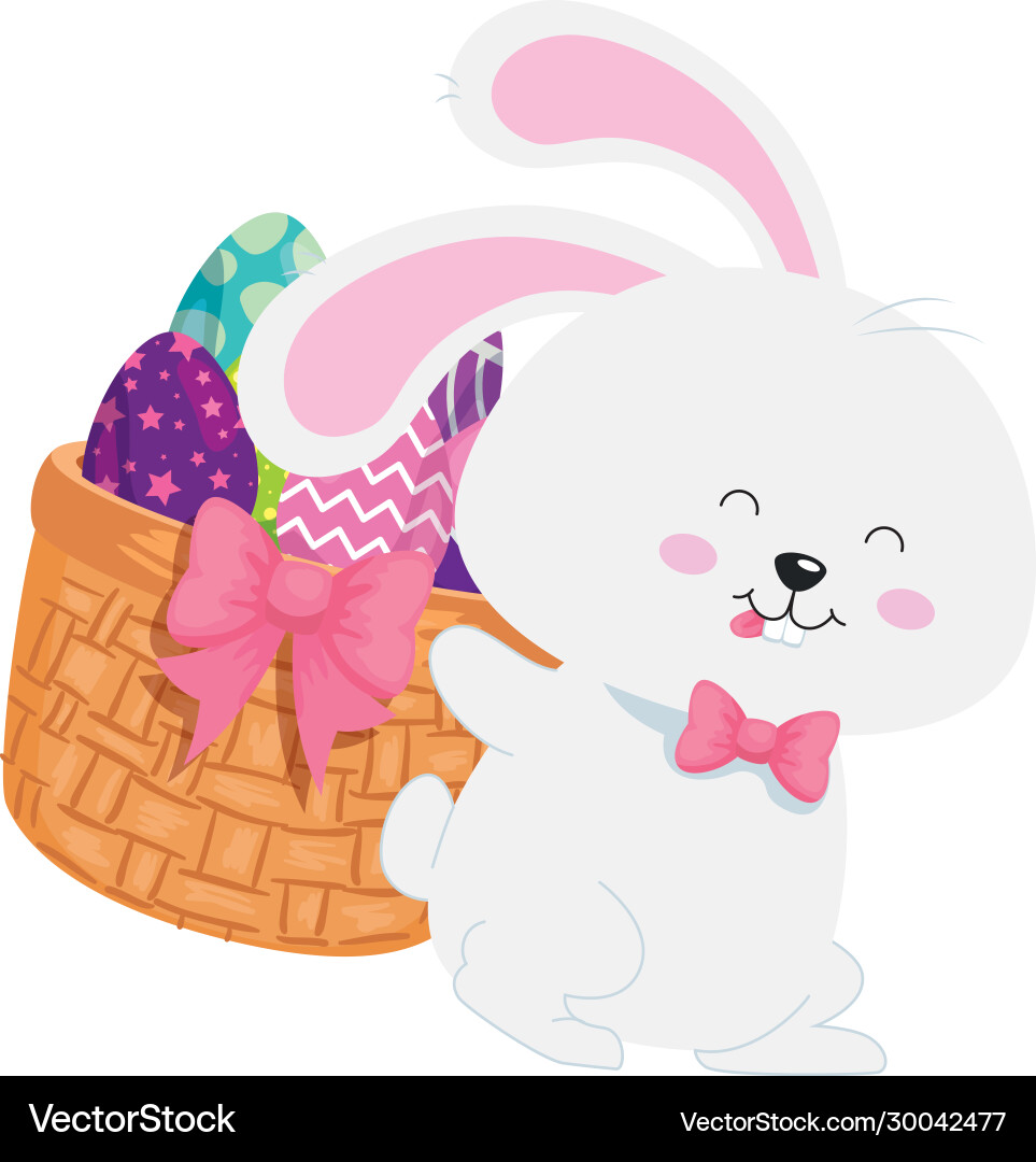 Rabbit and cute eggs easter decorated with basket Vector Image