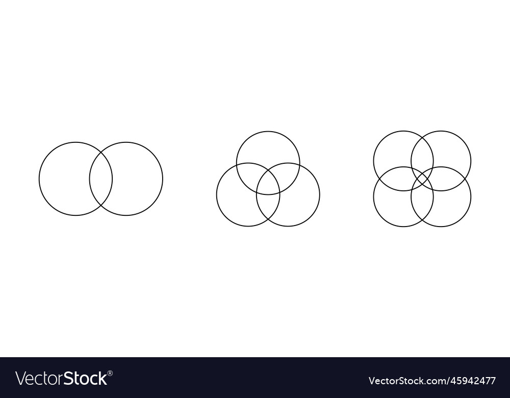 Set of outline venn diagrams with 2 3 4 Royalty Free Vector