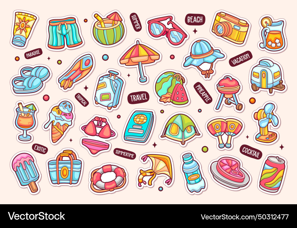 Summer sticker icons hand drawn coloring Vector Image