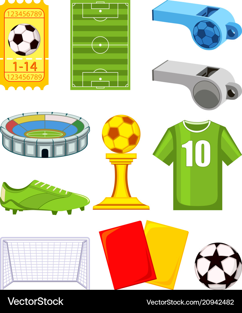 Colorful cartoon soccer 11 elements set Royalty Free Vector