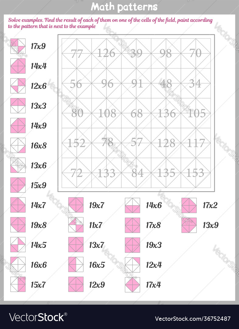 Mathematical patterns worksheet solve examples Vector Image