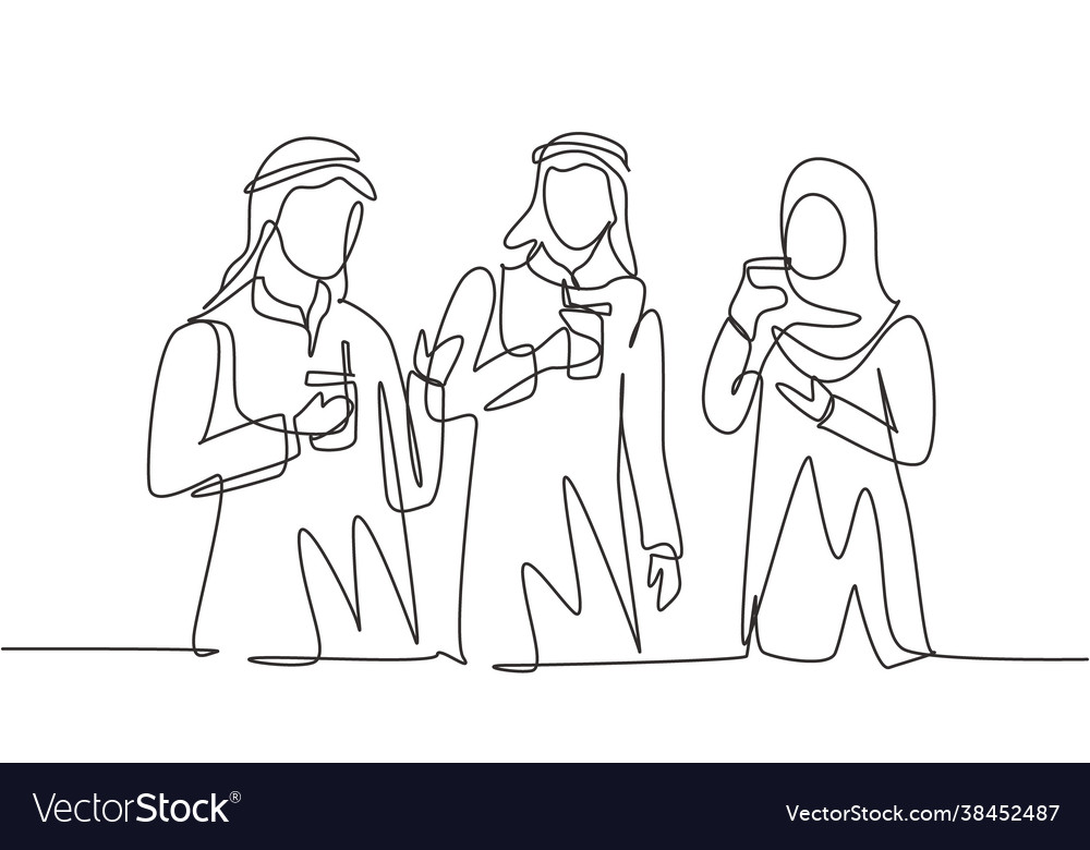 Single One Line Drawing Arabian Teens Drink Soda Vector Image