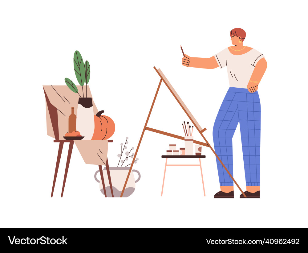 Artist drawing still life painter standing Vector Image