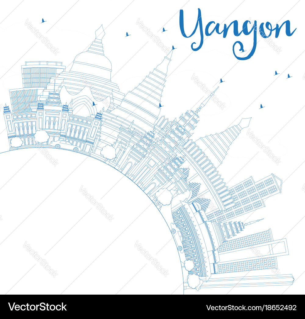Outline yangon skyline with blue buildings Vector Image
