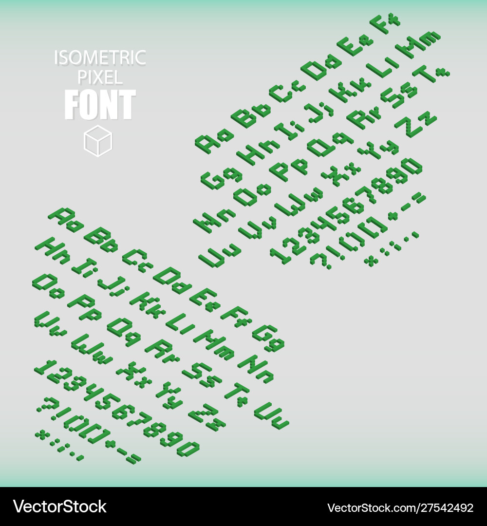 Set isometric pixel alphabet and numbers green Vector Image