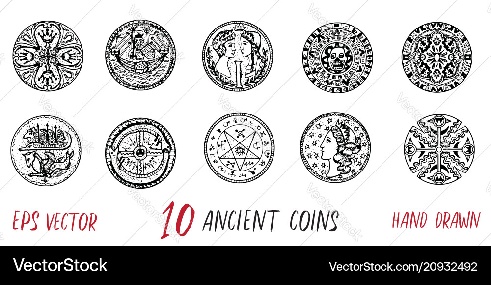 Vintage collection with ten ancient coins Vector Image