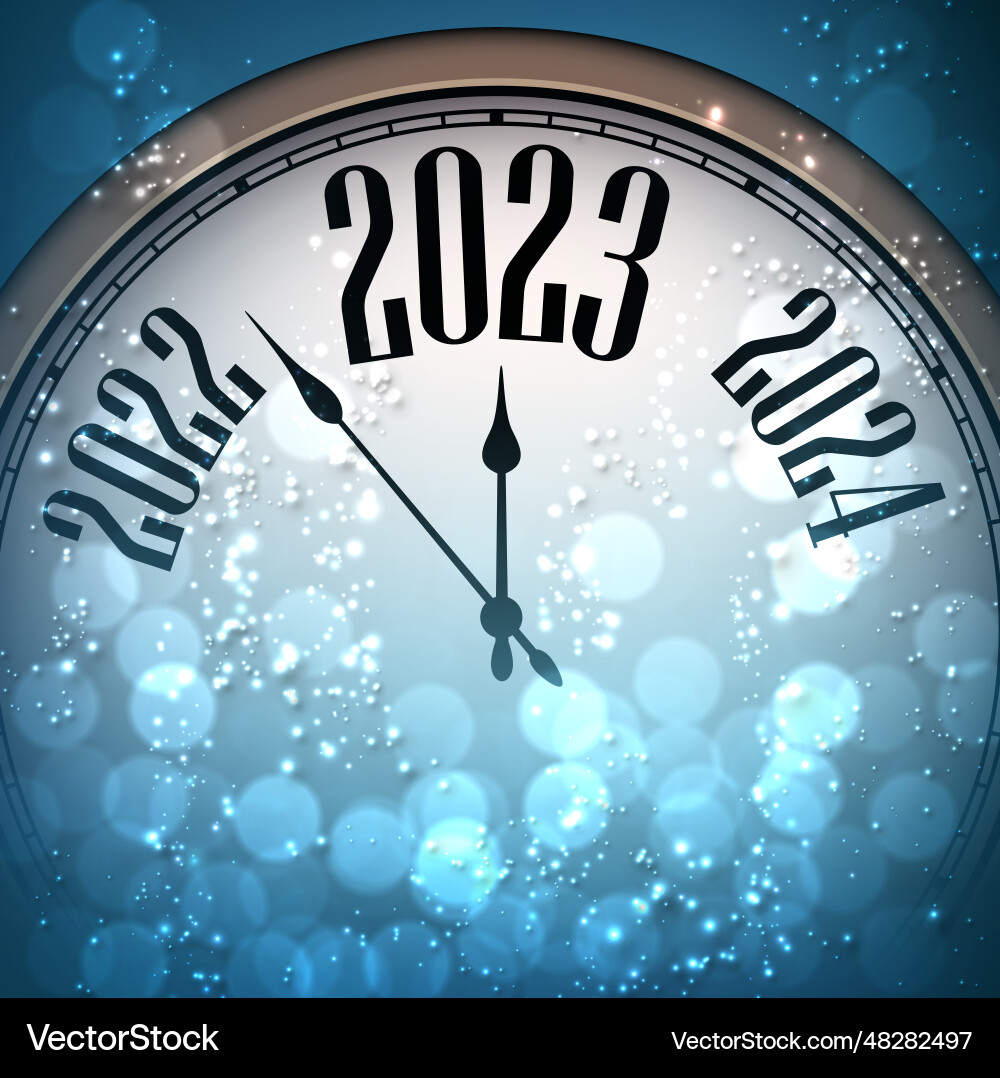 Half hidden clock showing 2023 with blue bokeh Vector Image