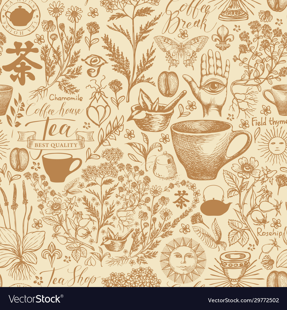 Hand-drawn seamless pattern on tea theme Vector Image Hand-drawn seamless pattern on tea theme Vector Image