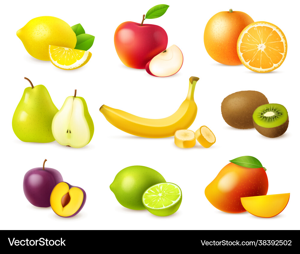 Realistic fruit 3d vegan food wholes Royalty Free Vector