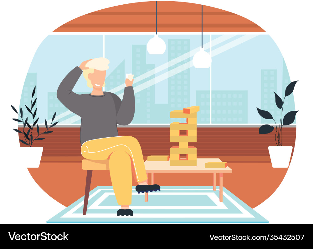 A man playing jenga at home at table cartoon Vector Image
