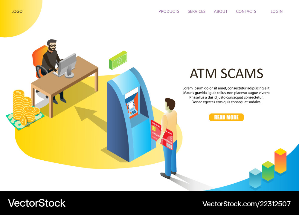 Atm scams landing page website template Royalty Free Vector