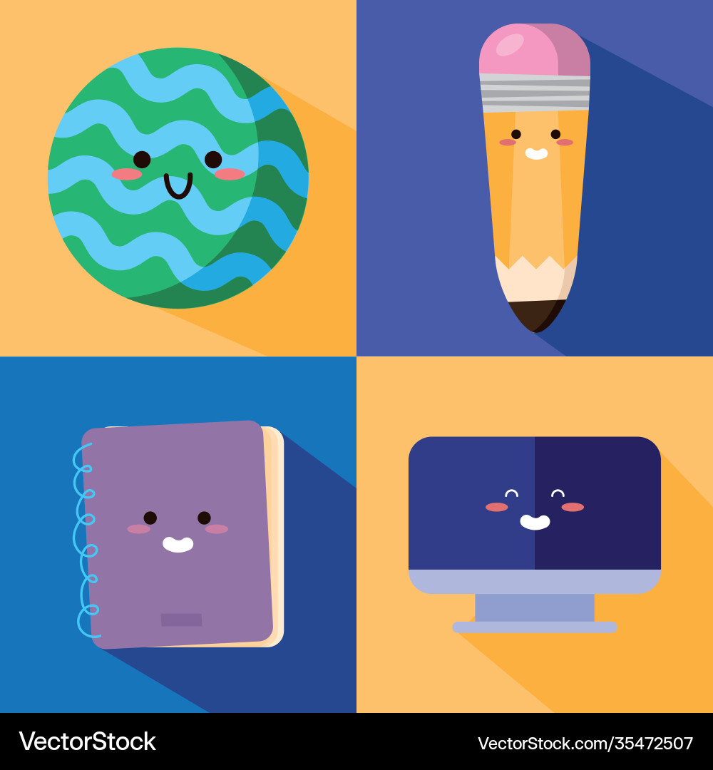 Bundle four back to school kawaii supplies Vector Image