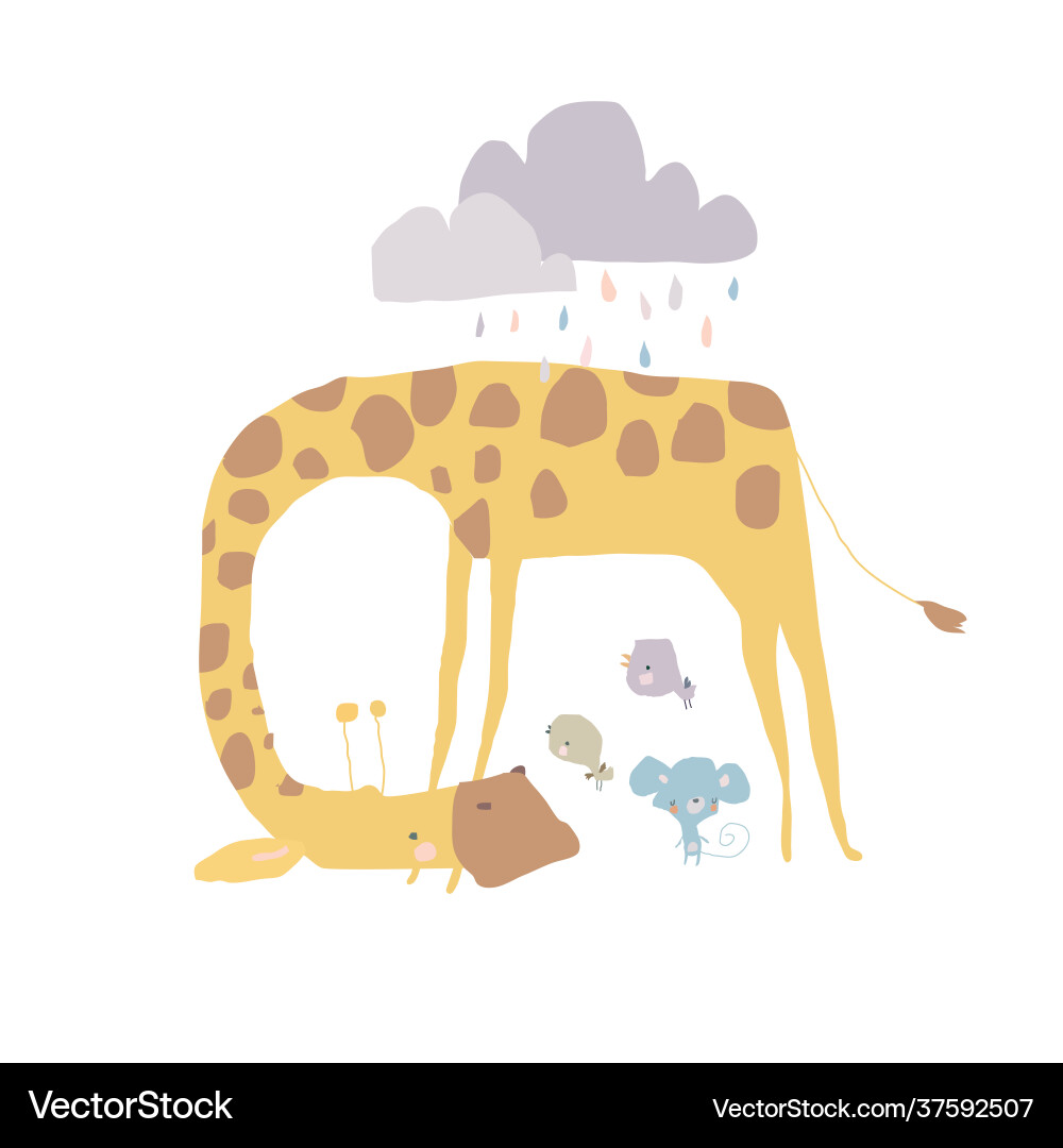 Cute giraffe shelters mouse and birds from Vector Image