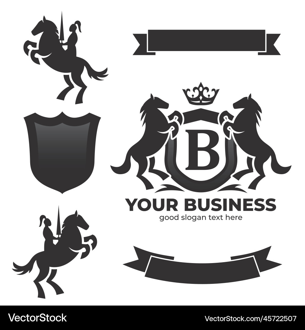 Letter b retro crest with shield and two horses Vector Image