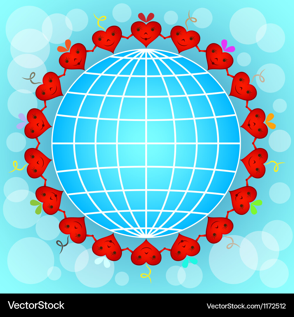 Cartoon red hearts circle around globe Royalty Free Vector