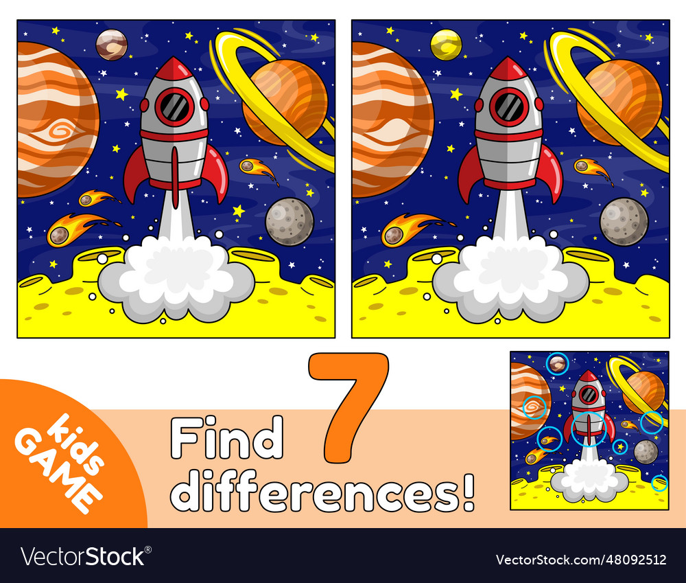 Game find differences with space rocket launch Vector Image