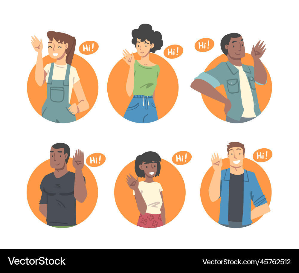 People characters saying hello and showing hand Vector Image