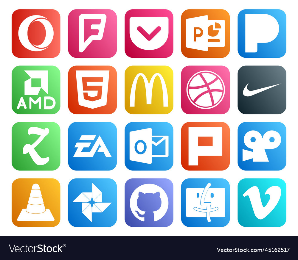 20 social media icon pack including vlc plurk Vector Image