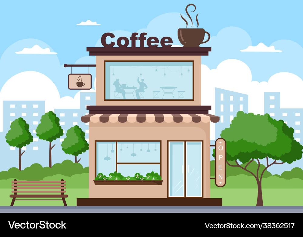Coffee shop with open board tree and building Vector Image
