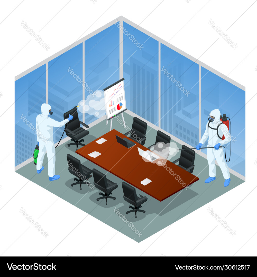 Isometric man wearing a protective suit disinfects