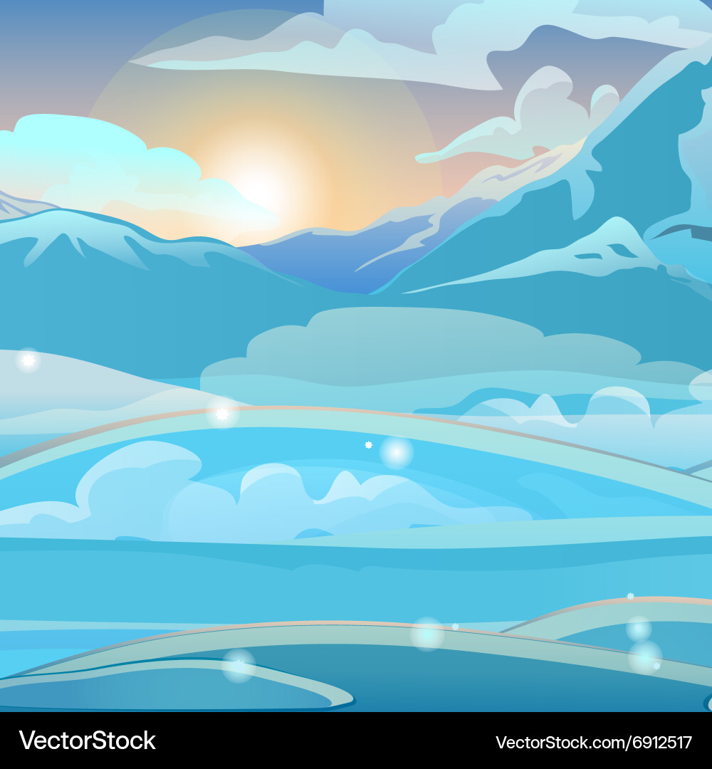Snow valley at dawn with mountains Royalty Free Vector Image