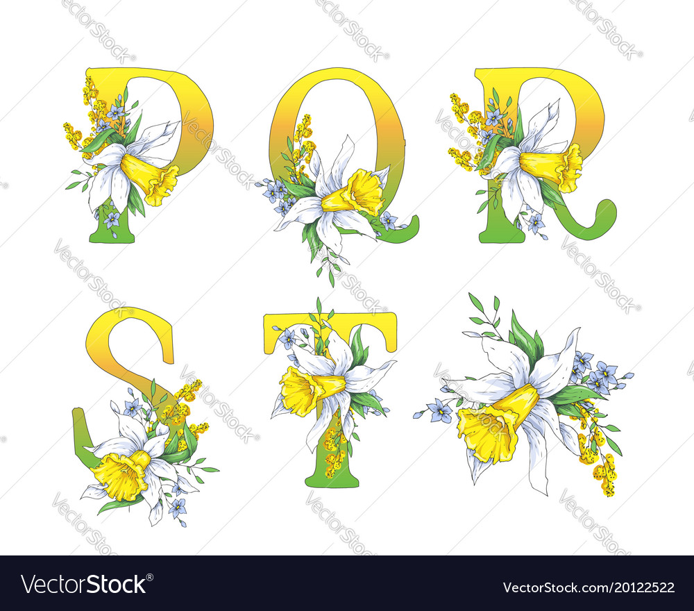 Spring bright letters with daffodils and forget-me