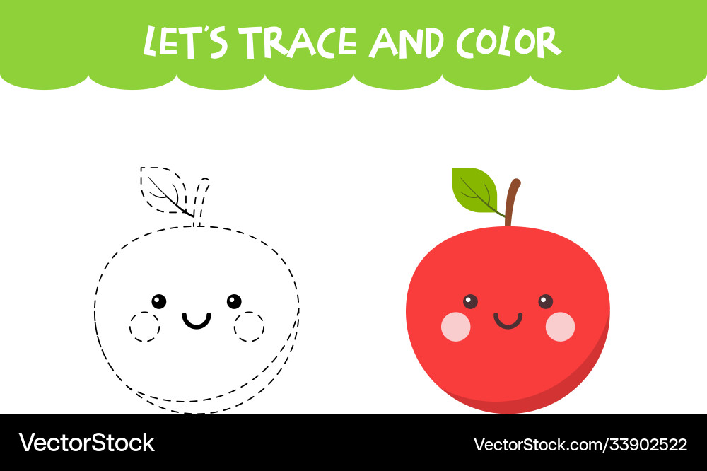 Trace and color cute apple educational worksheet Vector Image