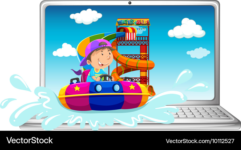 Computer screen with boy on water slide Royalty Free Vector