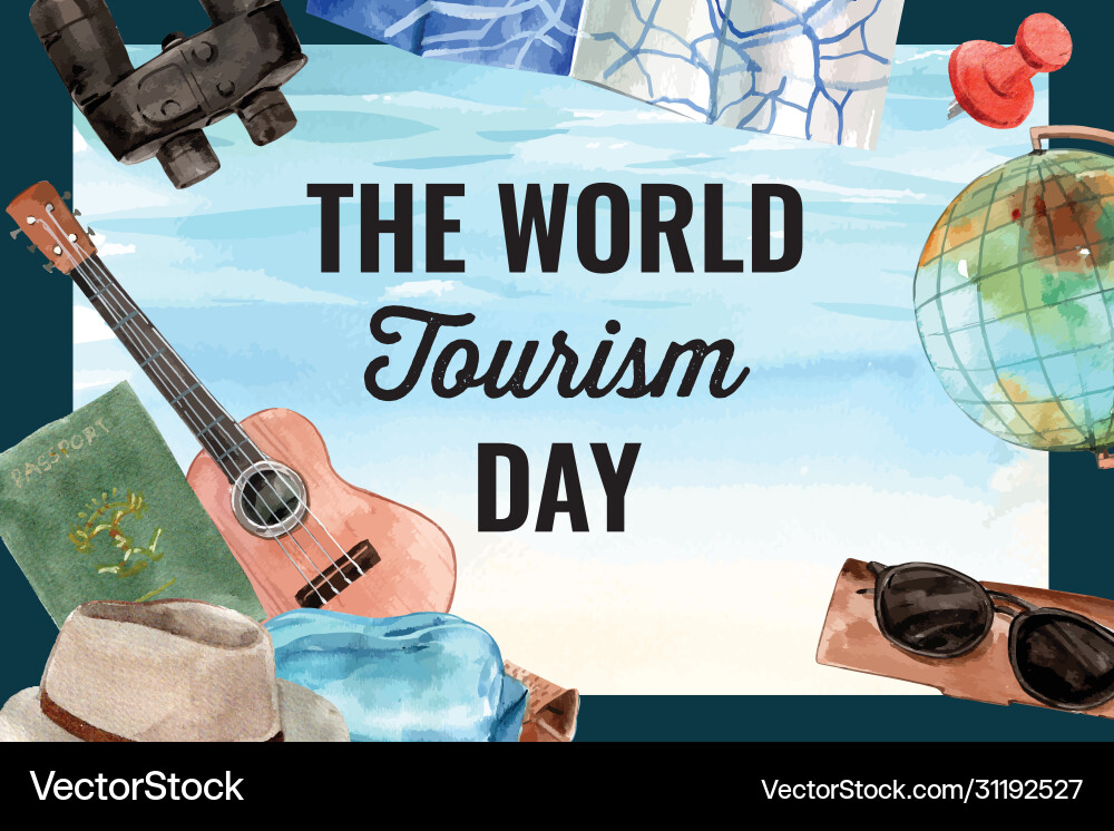 Tourism frame design with guitar globe sunglasses Vector Image