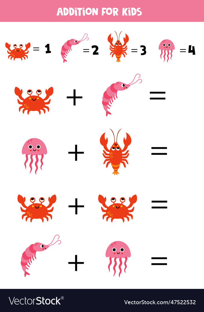 Addition game with different sea animals Vector Image