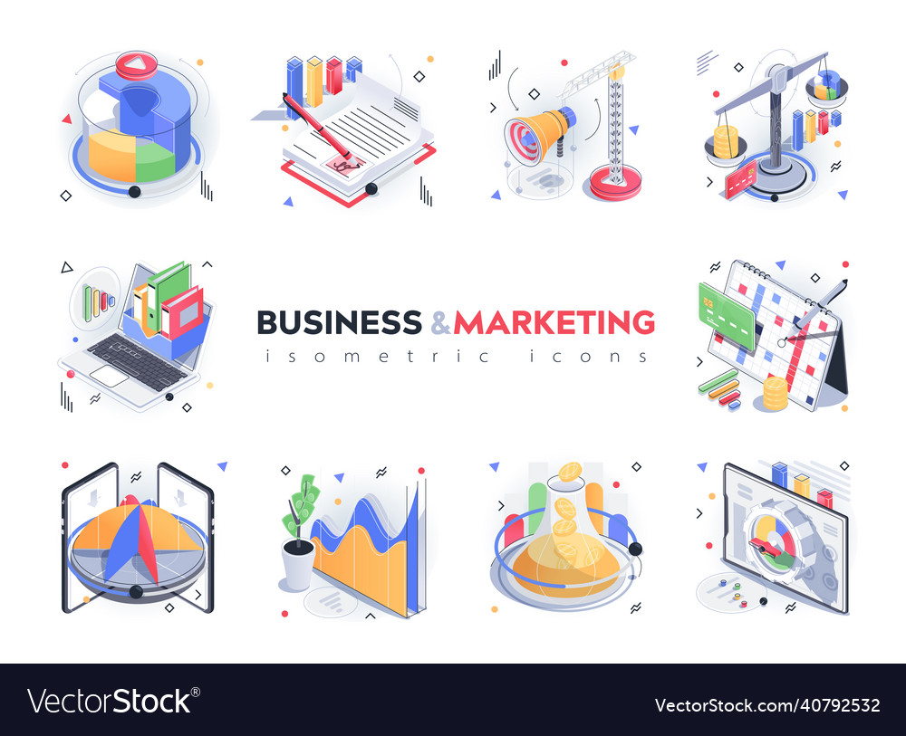Business and marketing isometric icons set Vector Image