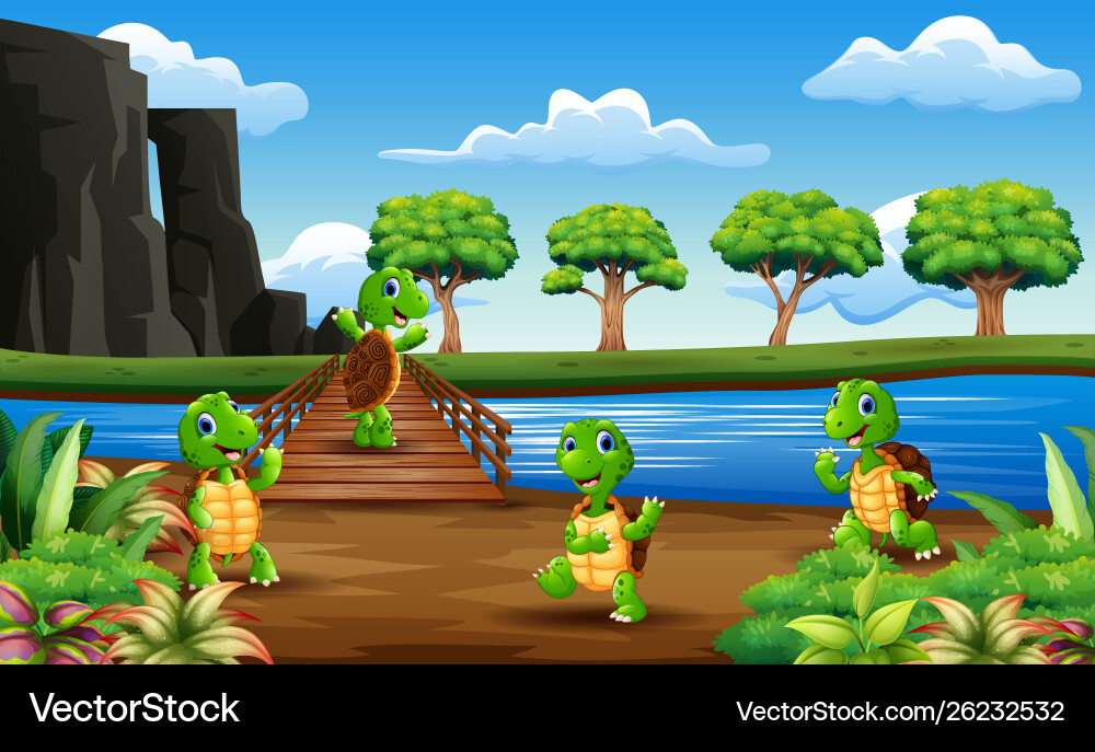 Many turtle across wooden bridge Royalty Free Vector Image